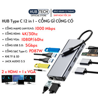 Hub type C 12 in 1 hỗ trợ xuất 3 màn hình với 2 cổng HDMI và 1 cổng VGA ...