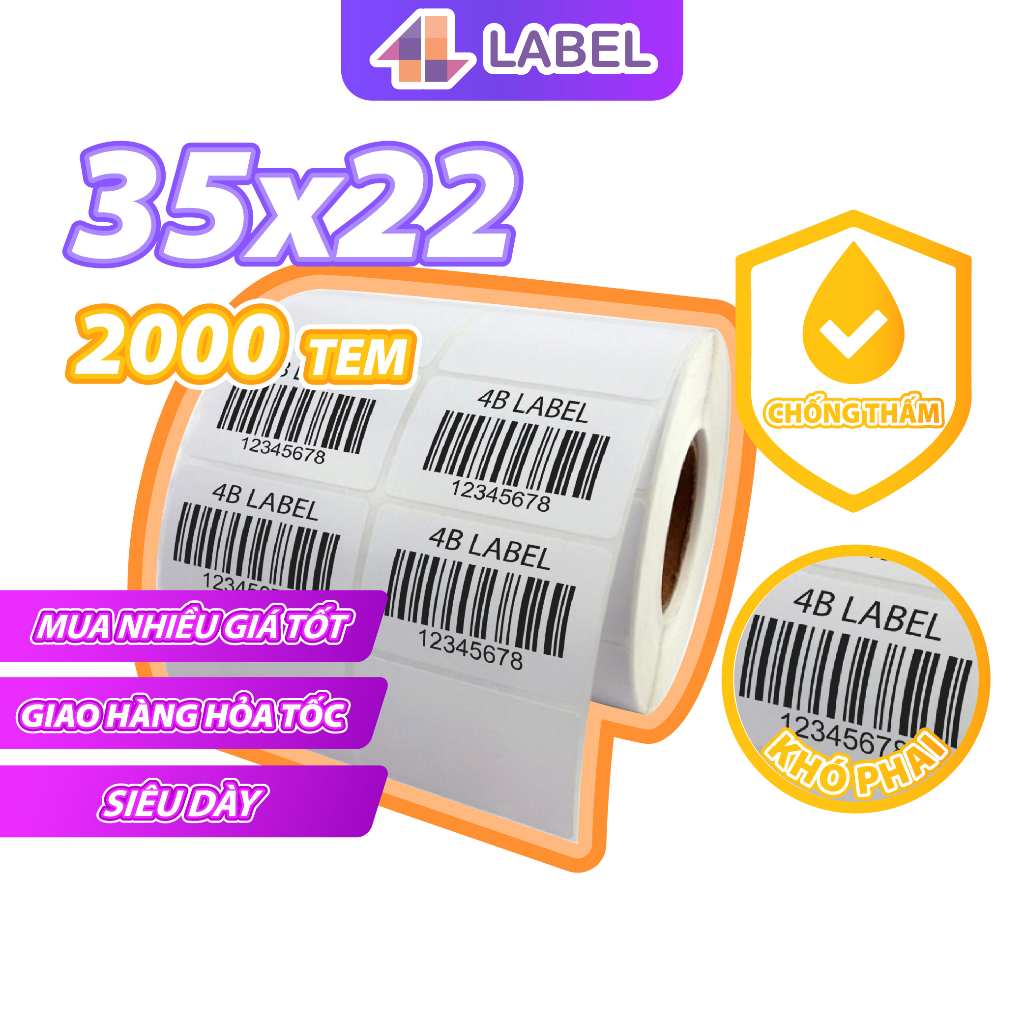 Cuộn in mã vạch, tem nhiệt khổ 2 tem 72x22, 70x22, 35x22 mm, 2 tem/hàng ...