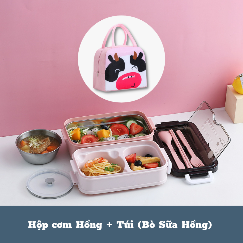 Hộp đựng cơm giữ nhiệt văn phòng lúa mạch NATAHI JK001 2 tầng inox, chống gỉ, có chén đựng canh ...