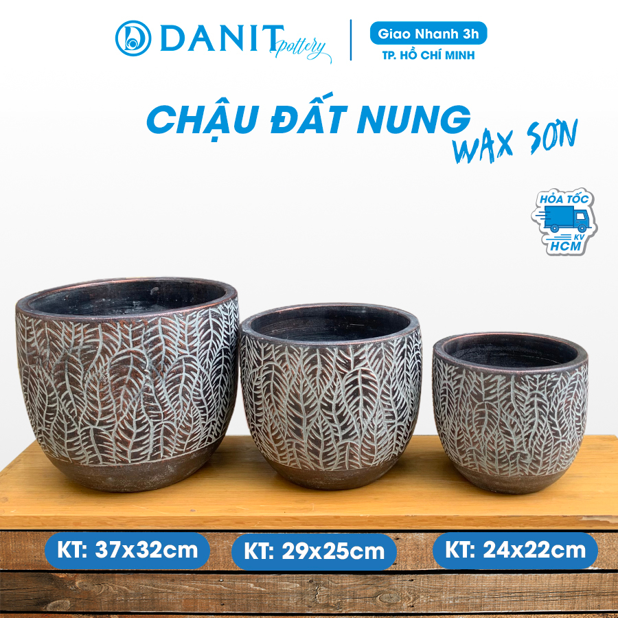 Chậu đất nung wax sơn DANIT POTTERY dáng trứng họa tiết vân lá phù hợp ...