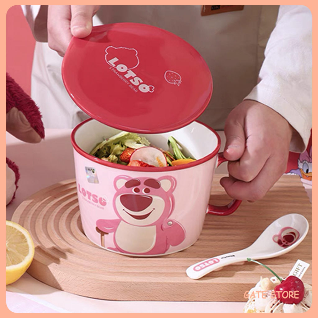 Bát sứ cỡ lớn có nắp đậy in hình Gấu dâu dễ thương , bát úp mì ăn liền B060 | Shopee Việt Nam