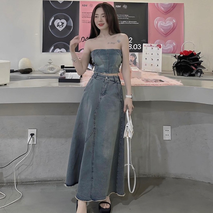 Set váy - đầm jean bò denim cúp ngực, áo quây ngực chun lưng phối chân ...