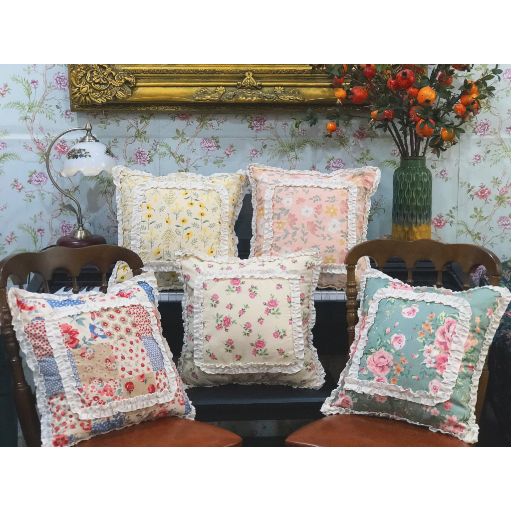 Gối tựa sofa hình vuông họa tiết hoa phối nhúng bèo xinh xắn dùng decor ...