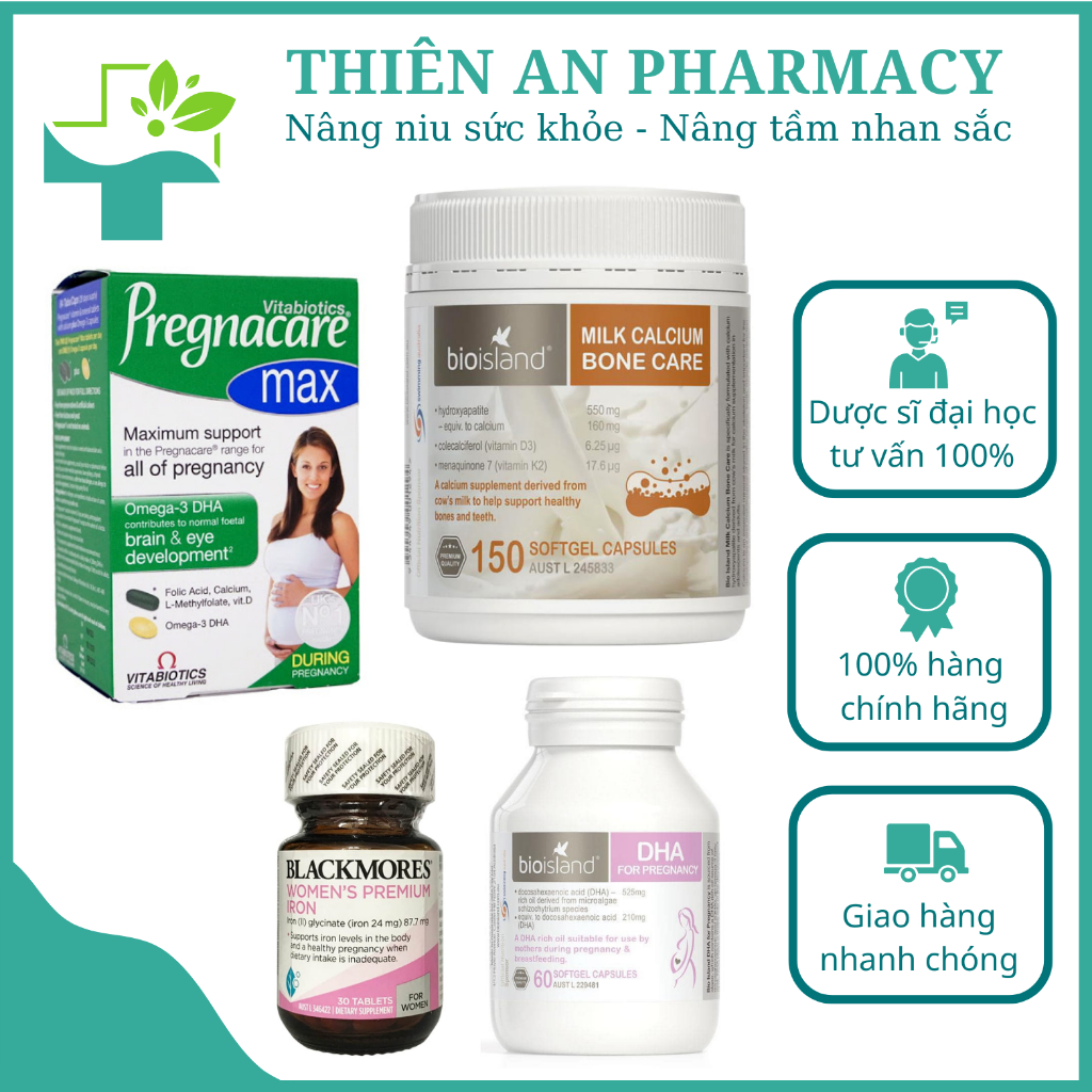 Combo cho mẹ bầu (Canxi Bioisland 150v người trưởng thành , Vitamin bầu Pregnacare Max, DHA ...