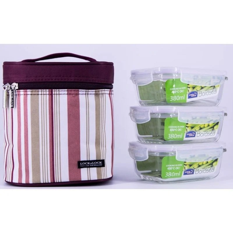 Bộ hộp cơm gồm 3 hộp thủy tinh kèm túi giữ nhiệt LocknLock LLG422S3 /LLG422S4 ( 380ml*3 hộp ...