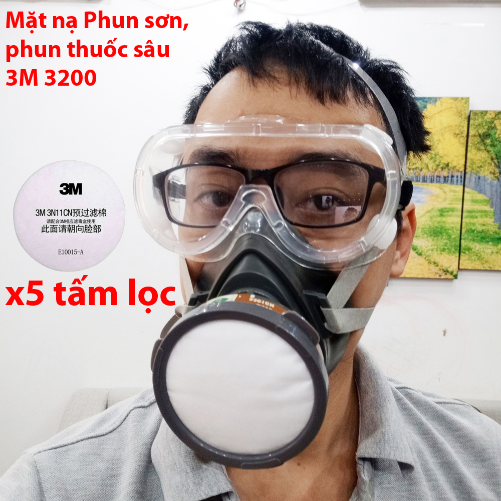 Mặt nạ sơn chống độc Phun thuốc sâu 3M 3200 kết hợp Phin lọc 3M 3301CN kèm kính chống hóa chất ...