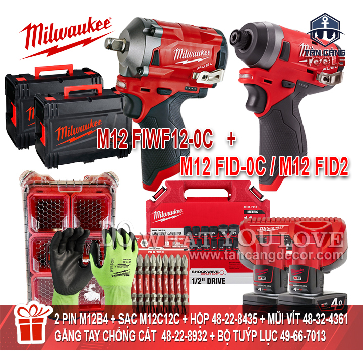 Combo FIWF12 + FID2 Milwaukee M12 Phiên Bản Mới ( 2 Pin, 1 Sạc, Găng ...