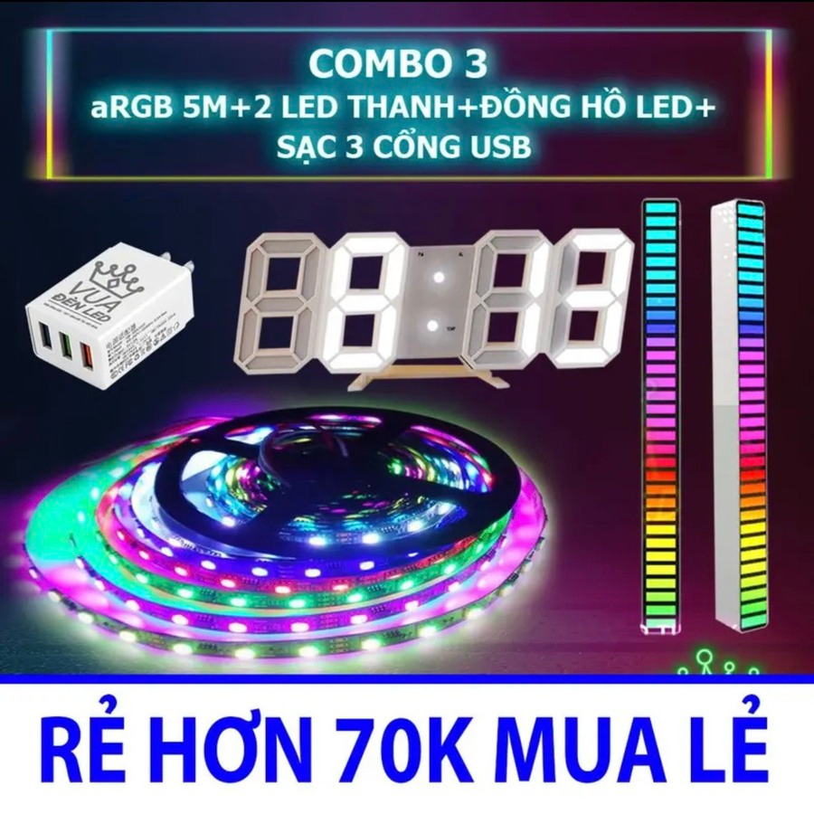 Combo Gaming 3: Dây led aRGB 5M + 2 thanh LED nháy theo nhạc + Đồng hồ ...