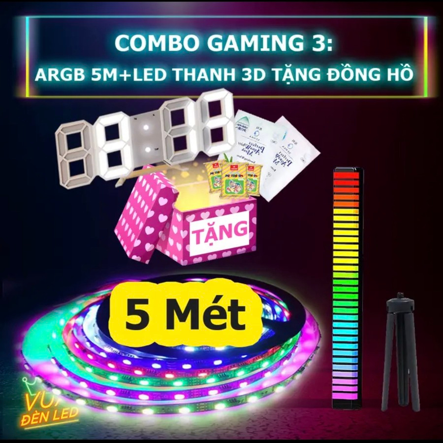 Combo Gaming 2: Dây Led aRGB 5M, Thanh Led 3D, Tặng Đồng Hồ + bịch khô ...