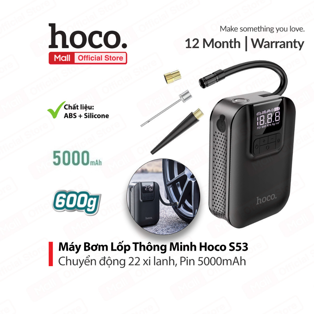 Máy Bơm Lốp Cầm Tay Thông Minh Hoco S53 Pin 5000mAh trọng lượng 600g ...