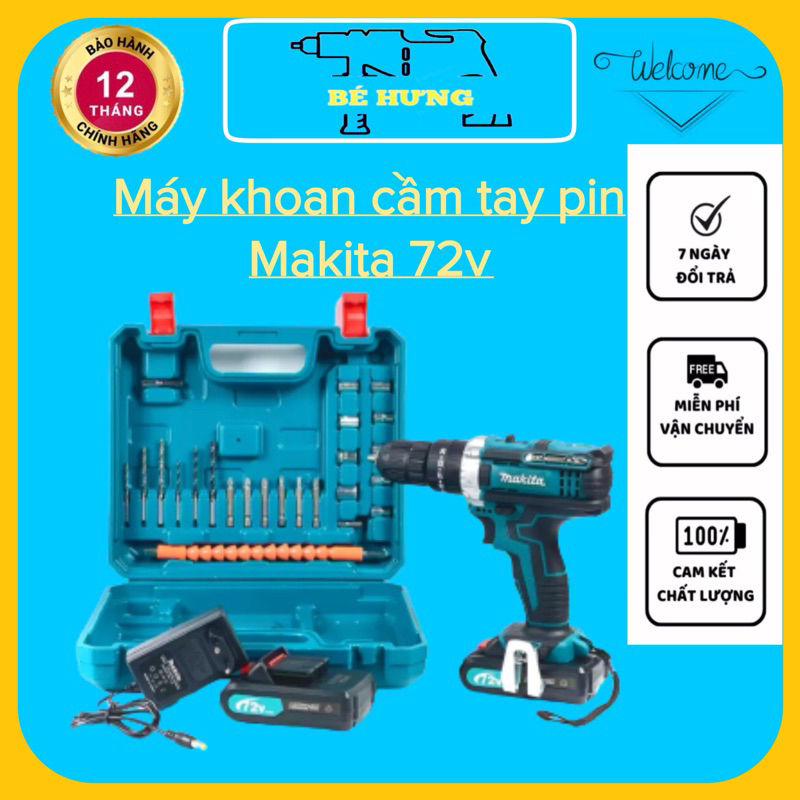 Máy khoan cầm tay pin Makita 72v, máy khoang pin 3 chức năng khoan tường, bắt vít, khoan sắt ...