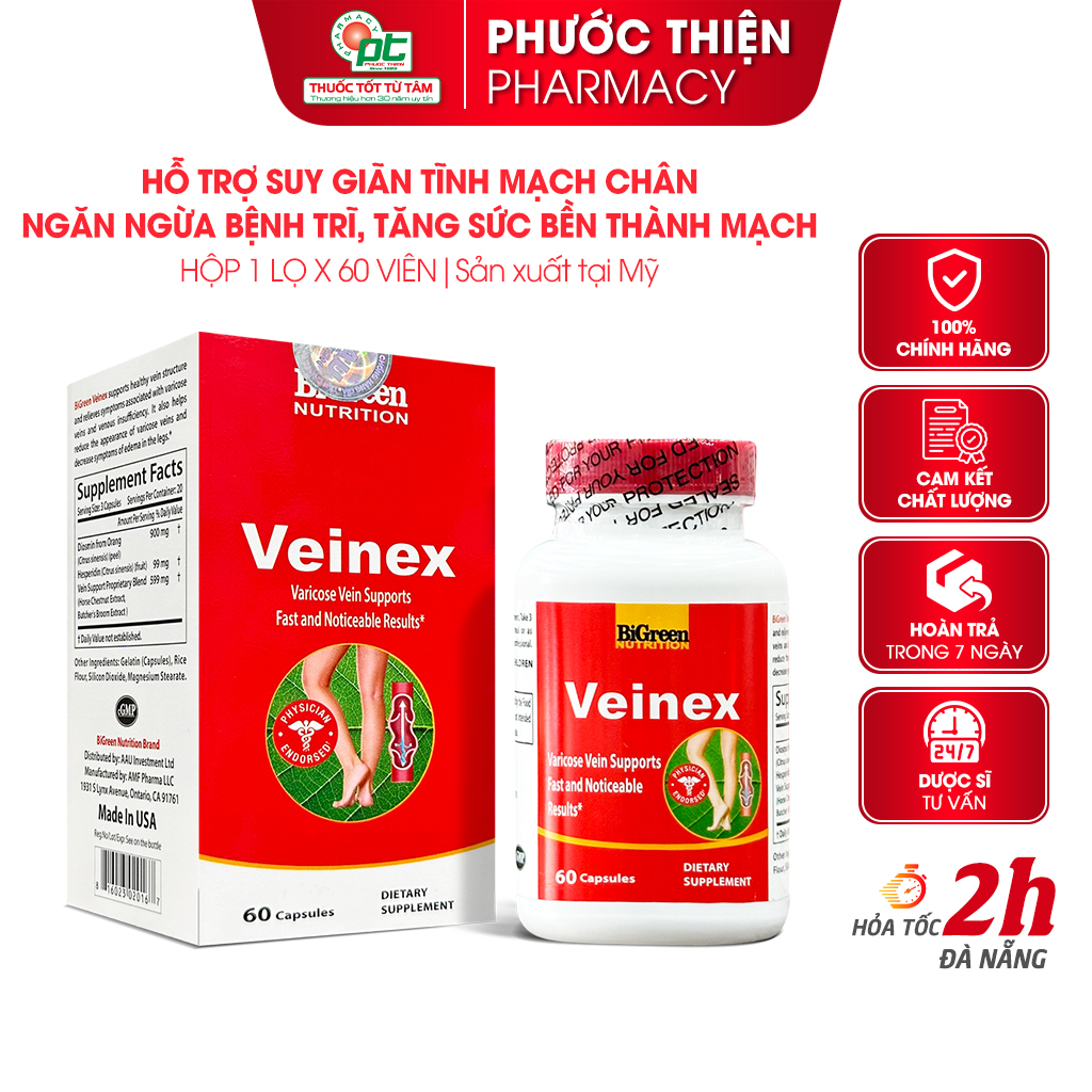 Hỗ trợ suy giãn tĩnh mạch chân Veinex Lọ 60 Viên - Phòng ngừa bệnh trĩ ...