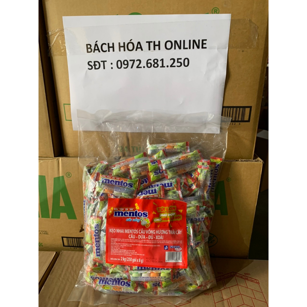 Kẹo Nhai mentos 4 viên Cầu - Dừa - Đủ - Xoài 2kg ( 1 bịch 250 gói x 4 ...