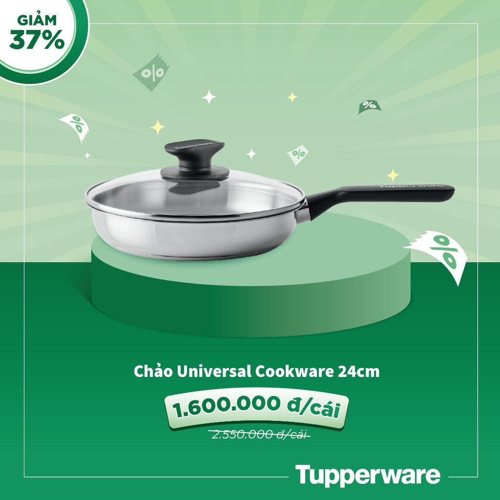 Chảo Tupperware Universal Cookwave Frypan 24cm, nắp kính cường lực (kèm ...