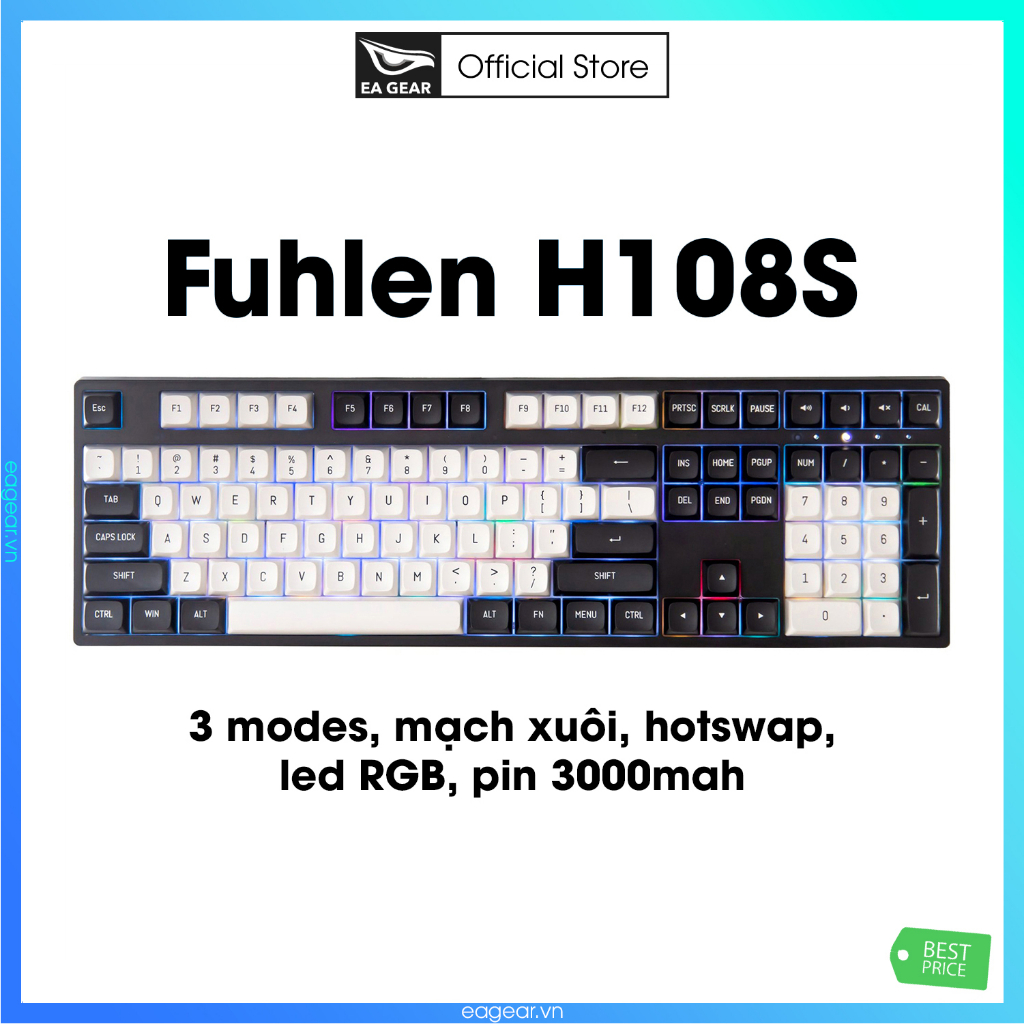 Bàn phím cơ custom Fuhlen H108S Panda fullsize (Hotswap Mạch xuôi, 3 ...