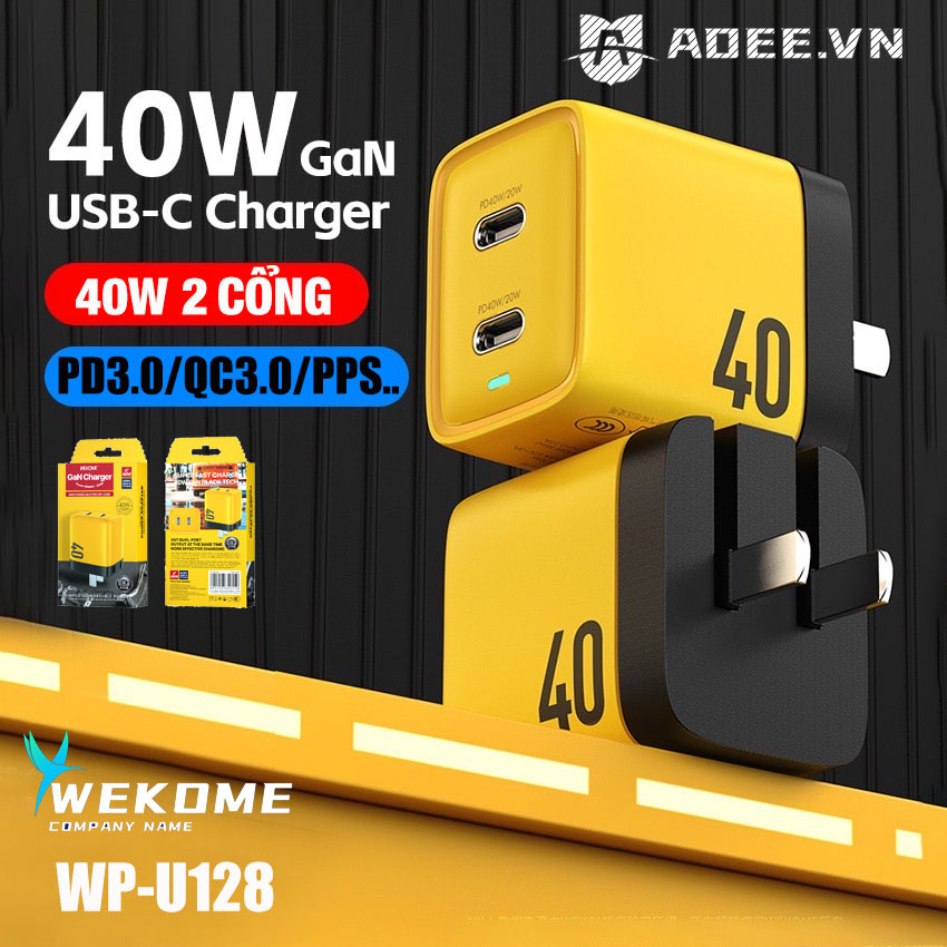 Củ Sạc Nhanh GaN WEKOME WP-U128 2 Cổng 40W (PD 20W+20W) 27W/30W Loptop,Cáp Sạc WDC-187 C to L(1 ...