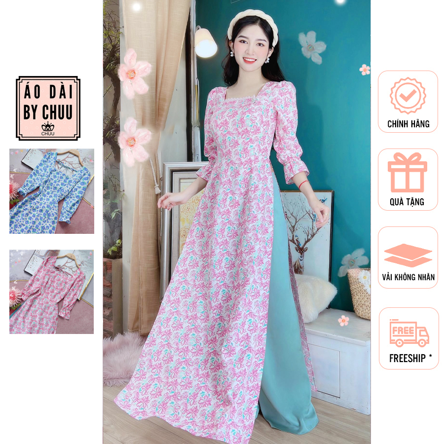Áo dài hoa cách tân nữ cổ vuông tay phồng CHUU AD9122 - không kèm quần | Shopee Việt Nam