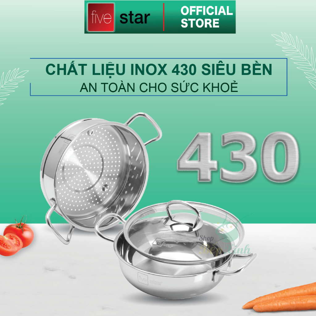 Bộ 2 Nồi lẩu xửng hấp cao cấp FIVESTAR 3 đáy từ nắp kính 24cm / 26cm / 28cm , tặng 1 vá canh ...