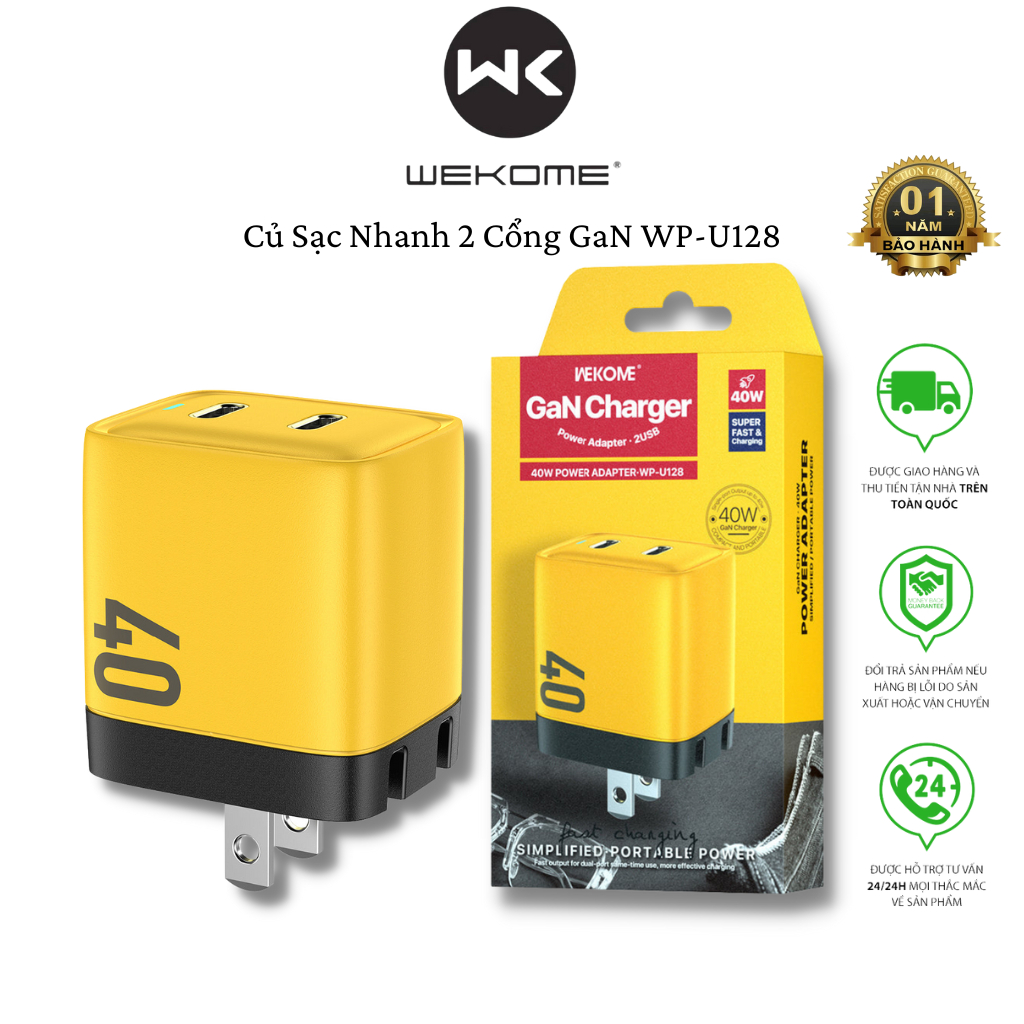 Củ Sạc Nhanh 40W WEKOME GaN WP-U128 Nhỏ Gọn Chân Gập Tiện Lợi, Hỗ Trợ Sạc Nhanh PD 20W Cho 2 ...