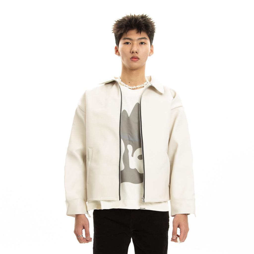Áo khoác da PVC local brand Destruction jacket màu kem cổ bẻ form boxy ...