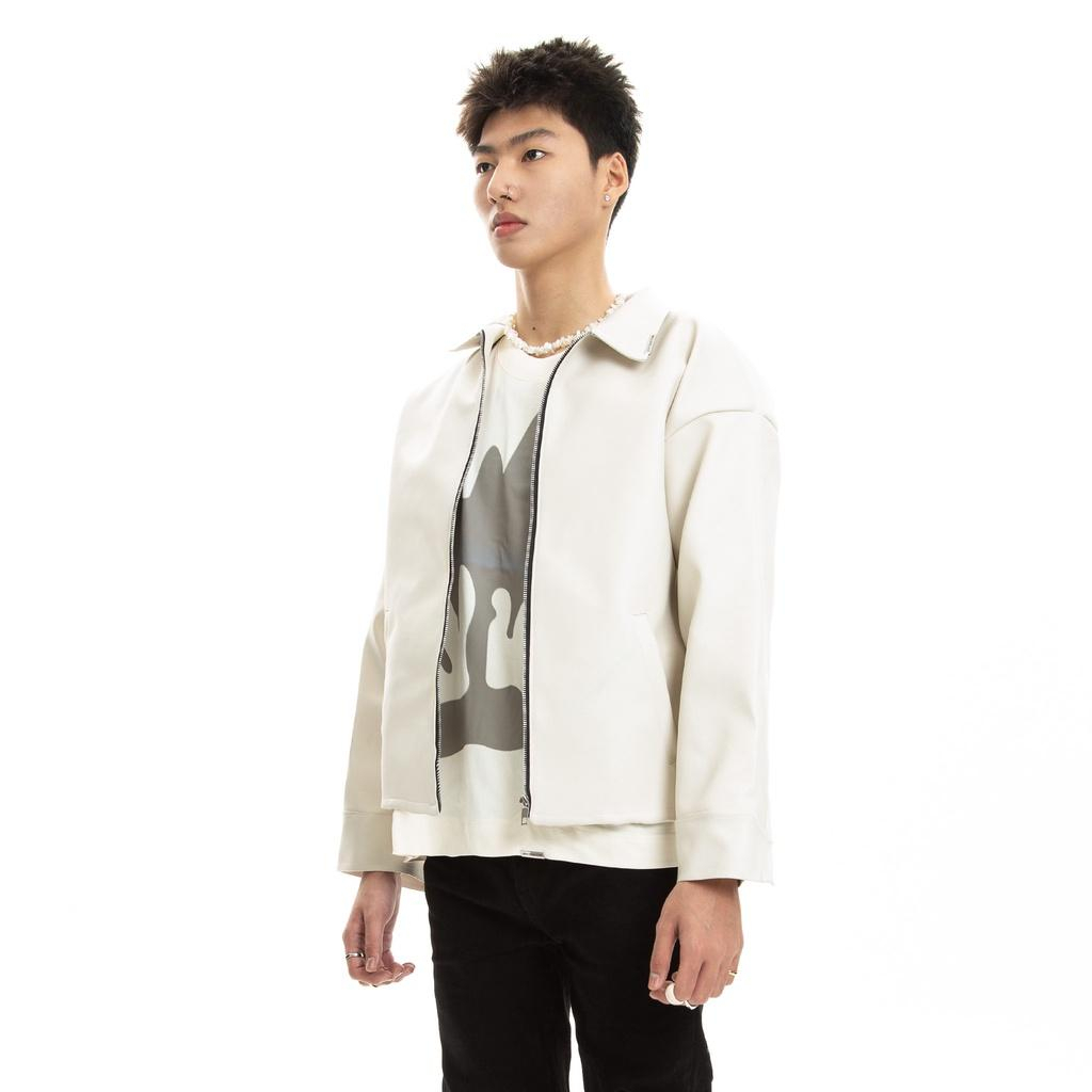 Áo khoác da PVC local brand Destruction jacket màu kem cổ bẻ form boxy ...
