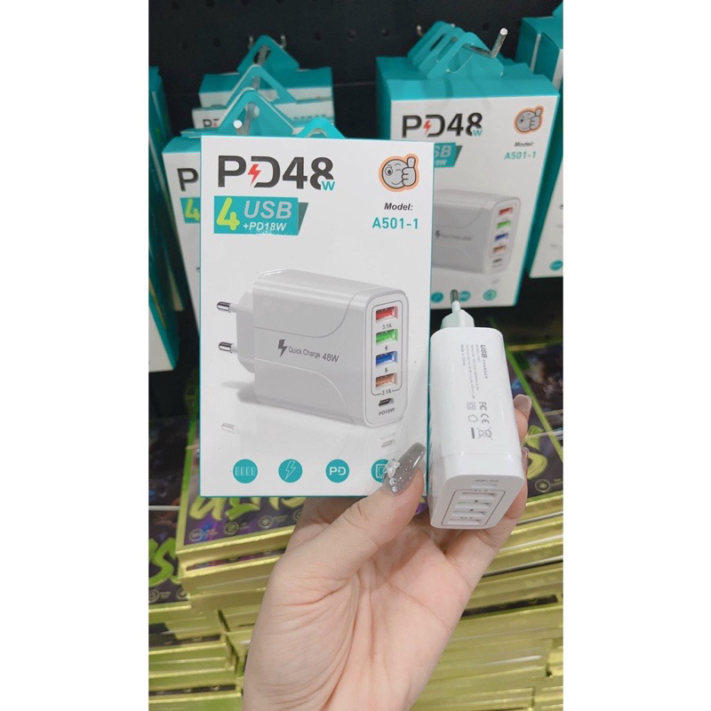 Củ Sạc Nhanh 48W PD 18W Cao Cấp 5 Cổng (4 Đầu USB + 1 Đầu Type C) 5 Trong 1 Dùng Cho Thiết Bị ...
