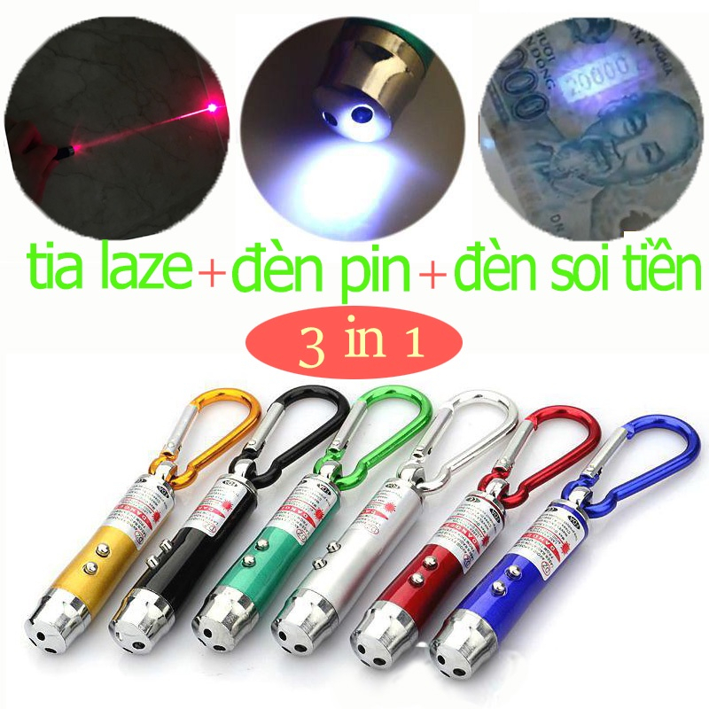 Đèn pin mini đa năng vỏ nhôm móc khóa 3in1: đèn led, đèn laser laze đỏ ...