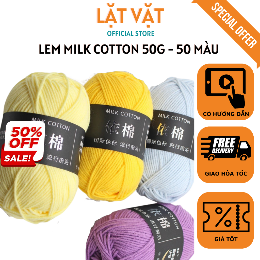 Len Milk Cotton Mác đen cuộn 50g, mã 50 màu - len mềm mại để tập móc ...