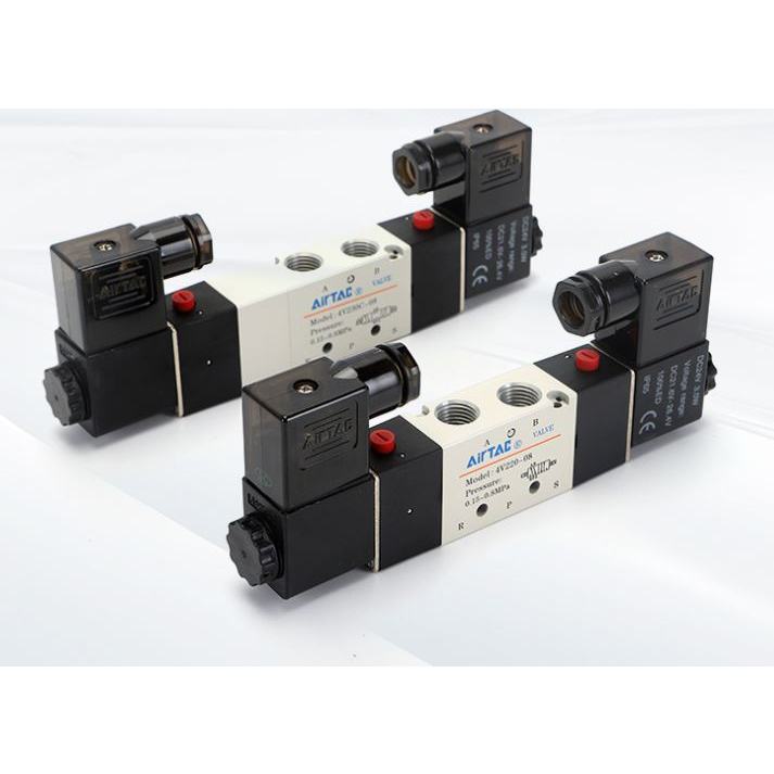 Van điện từ 4V220-08 ( van 5 cửa, 2 vị trí, 2 đầu coil điện, ren 13mm) dùng để điều khiển xylanh ...