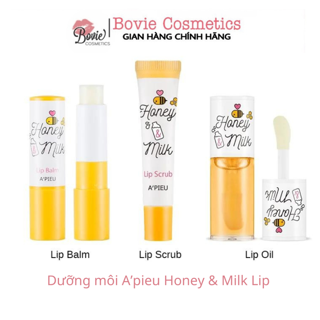 Son dưỡng, tẩy tế bào da chết, dầu dưỡng môi, mặt nạ ủ môi A’pieu / Apieu Honey & Milk Lip Scub ...