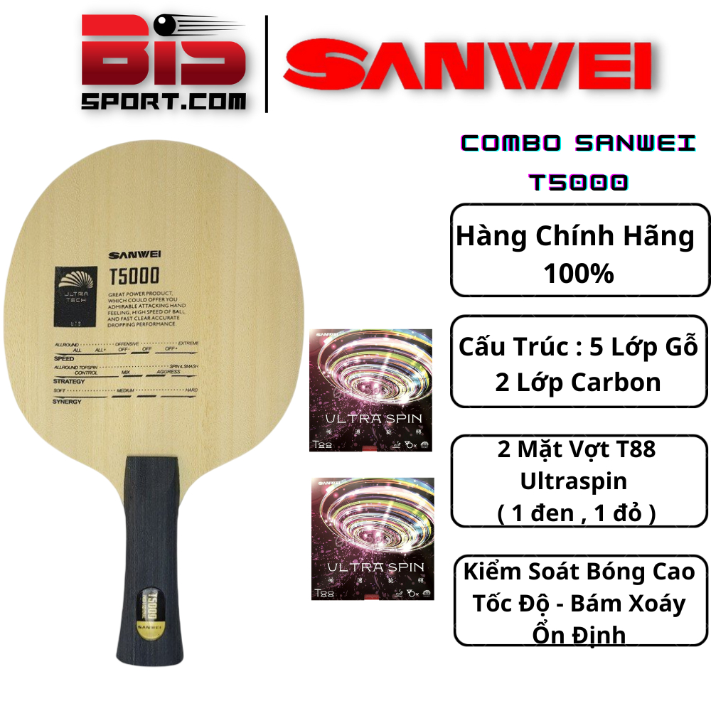 Combo 1 Vợt Bóng Bàn Dán Rời Chuyện Nghiệp : Cốt Sanwei T5000 + 2 Mặt T88 Ultraspin ( 1 đen , 1 ...