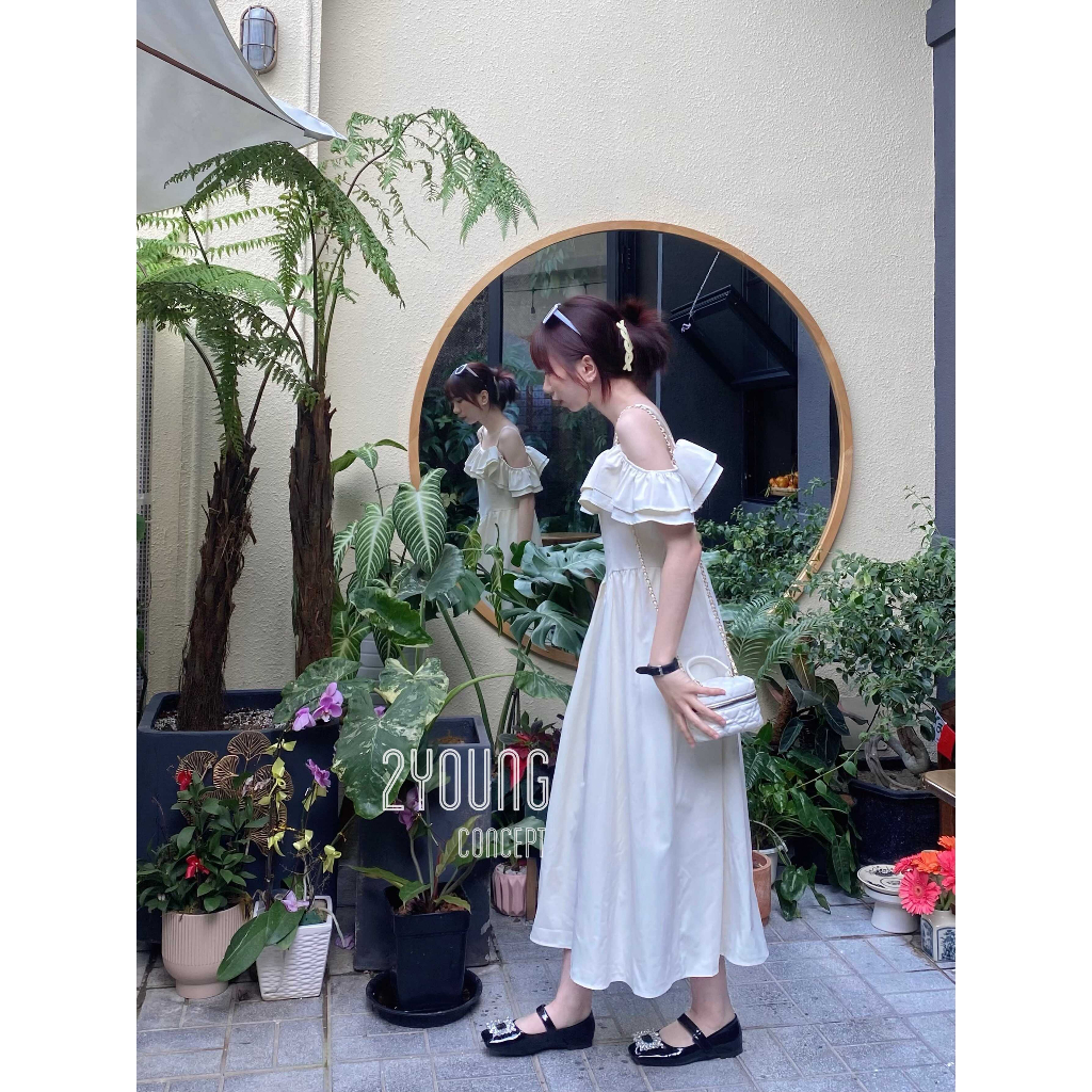 Đầm trễ vai dây treo dáng dài, trắng kem [2YOUNG] D1122 (ảnh thật) | Shopee Việt Nam