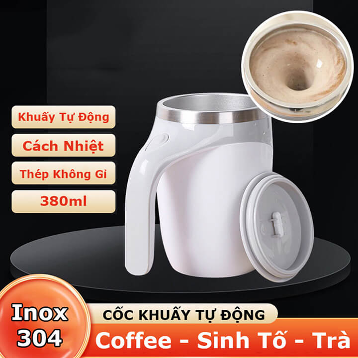 Cốc giữ nhiệt khuấy tự động pha ca phê lõi Inox 304 dung tích 380ml, ly tự khuấy pha trà đồ uống ...