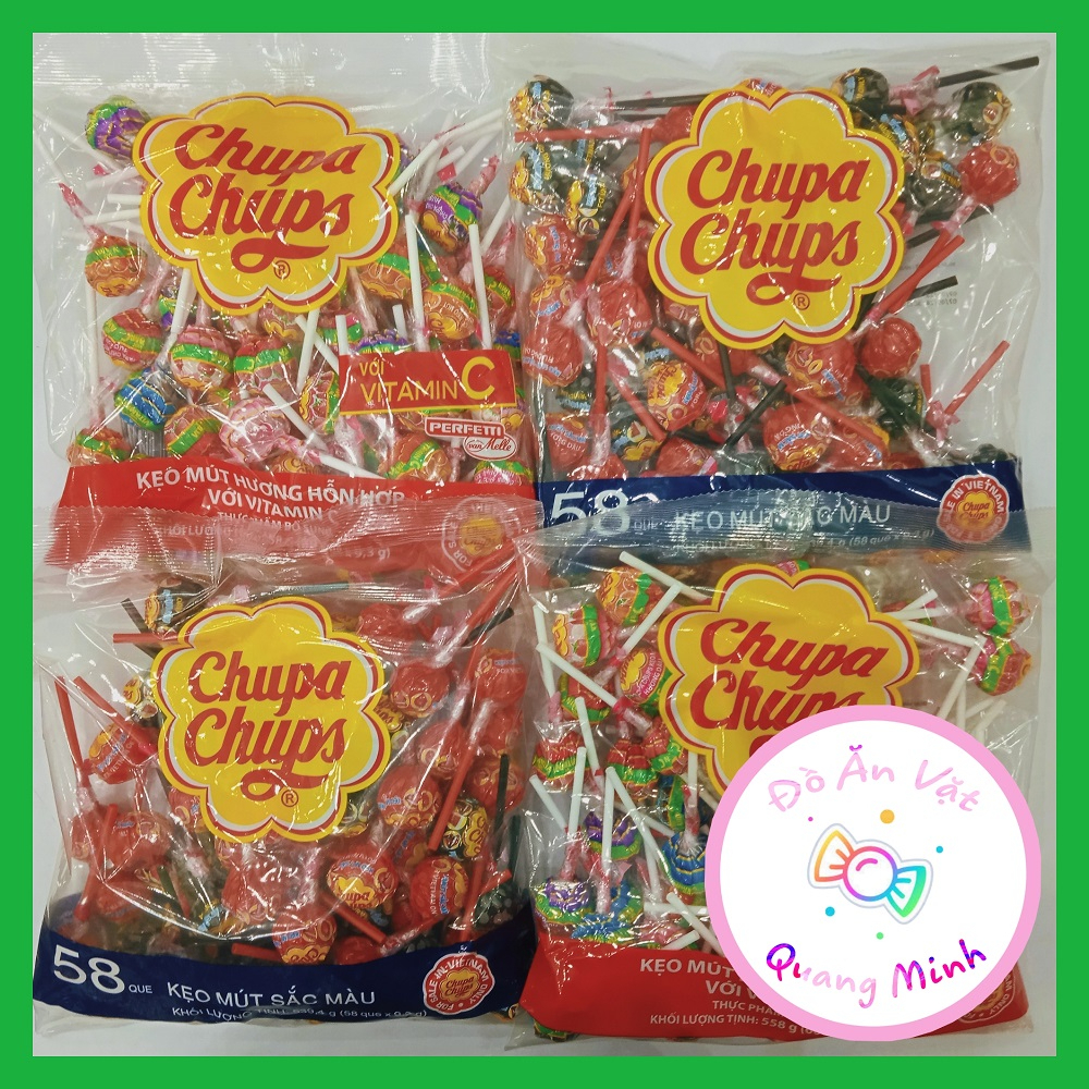 Bán sỉ bịch kẹo mút Chupa Chups hương hỗn hợp với vitamin c 60 cái và bịch kẹo mút sắc màu Chupa ...