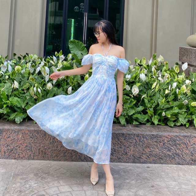 Đầm maxi hoa nhí BIGSIZE (55-80kg) màu xanh pastel, chất voan tơ dáng dài tay bồng trễ vai VAA10 ...