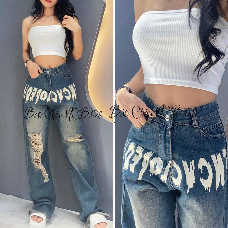Quần Jean Nữ Cạp Cao Dáng Dài Rách Phối Chữ In Chữ Xanh Quần Jean Nữ ...