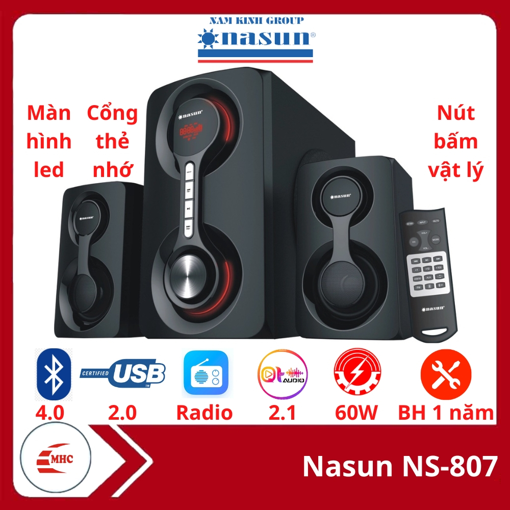 Loa máy tính Bluetooth 2.1 NASUN NS-807 công suất 60W, Bass ấm, có điều khiển, cổng USB, cổng ...