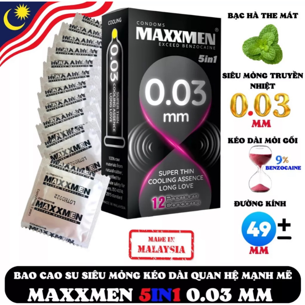 Bao cao su Maxxmen 0.03 Kéo dài thời gian, Siêu mỏng siêu truyền nhiệt, Tinh chất bạc hà mát ...