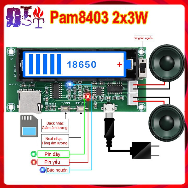 Mạch Khuếch Đại Âm Thanh Bluetooth - USB - Thẻ Nhớ 2*3W PAM8403 Tích Hợp Đế Pin 18650 - A150 ...