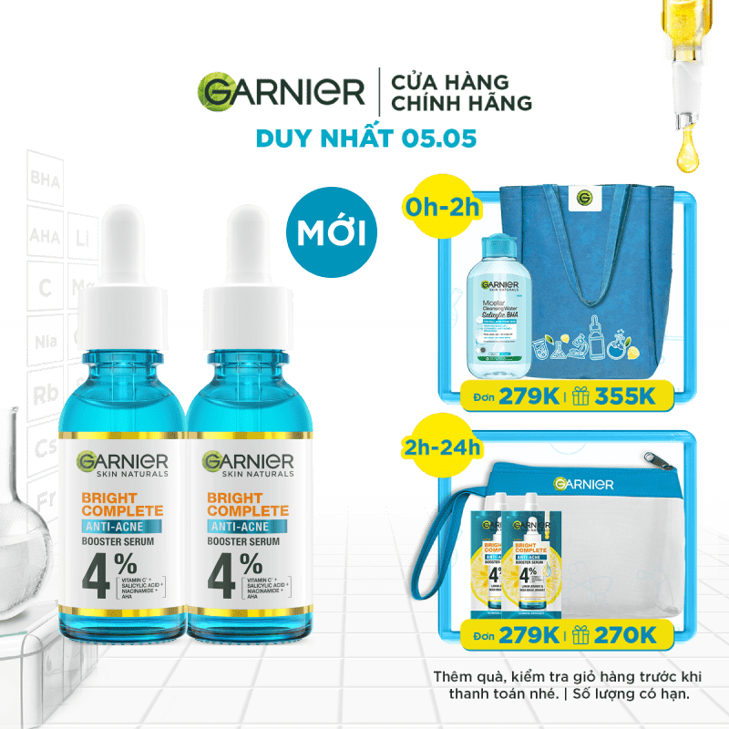 Bộ đôi dưỡng chất cho da dầu mụn Garnier Bright Complete Anti-Acne Serum 4% [Niacinamide, BHA ...