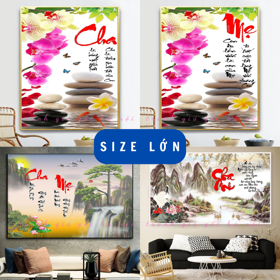 Tranh thư pháp cha mẹ in canvas có khung tặng đinh treo trang trí nhà ...