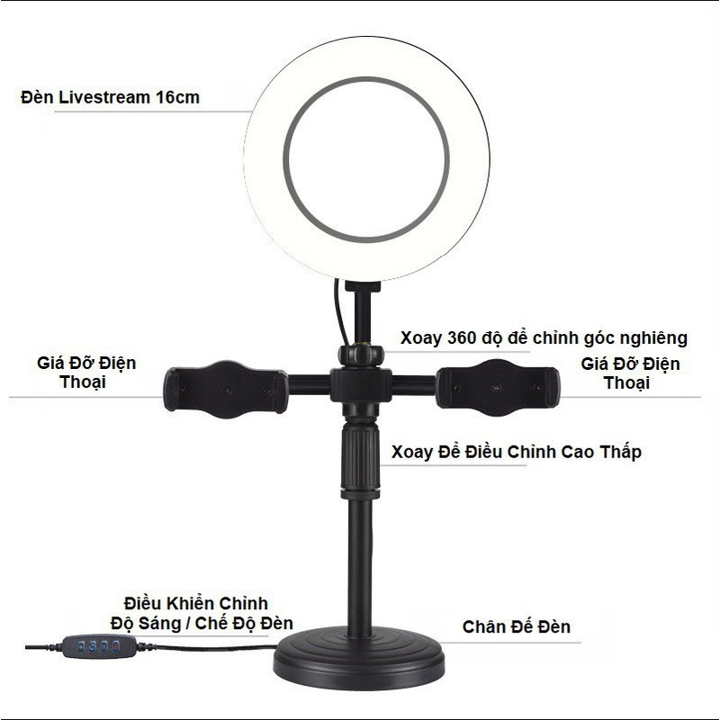 Đèn Livestream để bàn 3 trong 1 gồm 2 kẹp điện thoại và đèn Led trợ ...