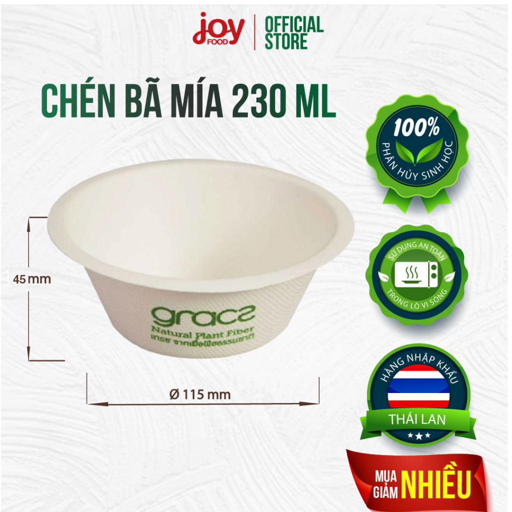 50 chén/ tô/ bát bã mía Gracz Thái Lan 230ml, dùng 1 lần cho tiệc tùng, thân thiện môi trường ...