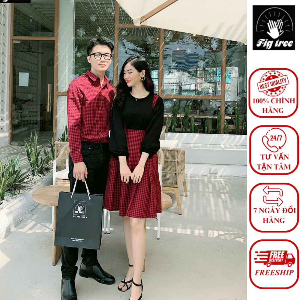 Set đồ đôi sơ mi váy caro đỏ đen MS 167( chân váy yếm kèm thun đen) | Shopee Việt Nam