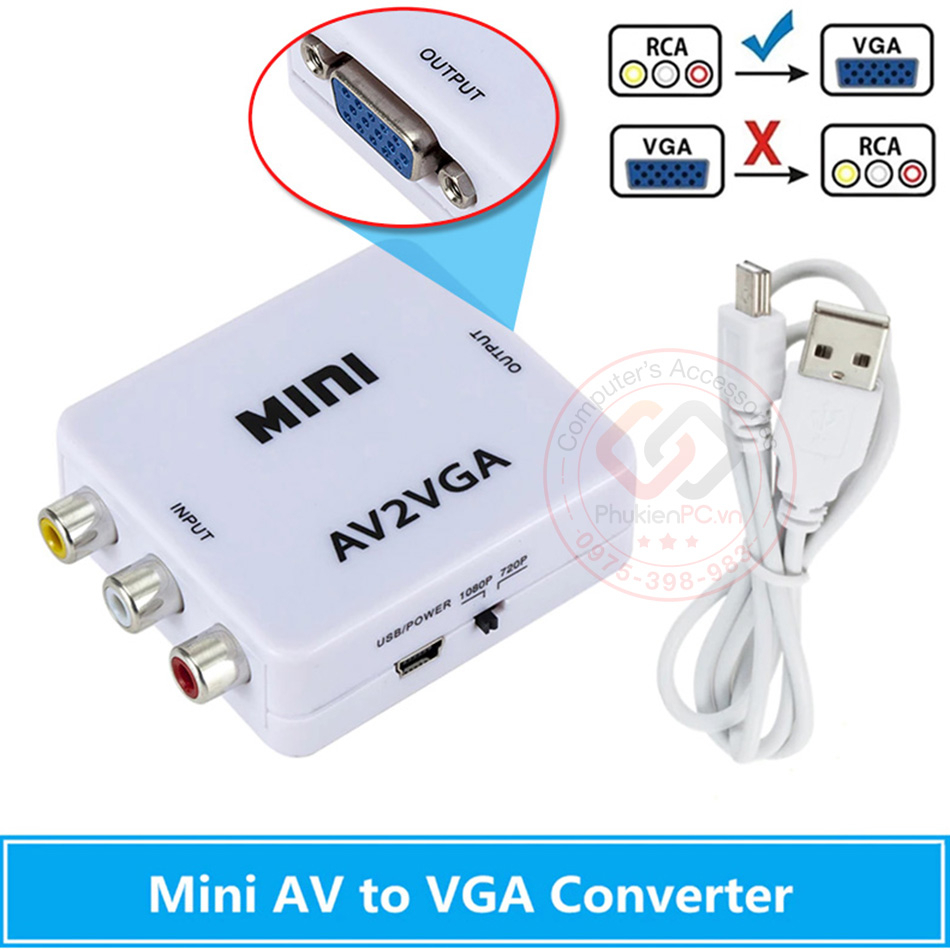 Bộ chuyển đổi AV CVBS RCA sang VGA cho màn hình giao tiếp VGA Tivi, máy ...
