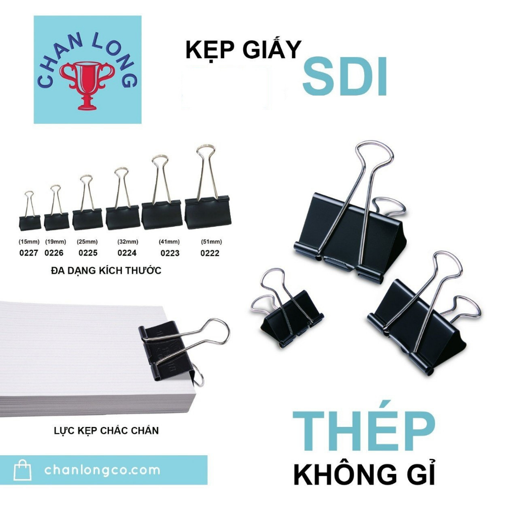 Kẹp giấy,kẹp bướm đen chính hãng SDI 15mm 19mm 25mm 32mm 41mm 51mm,thép không rỉ,kẹp tài liệu ...
