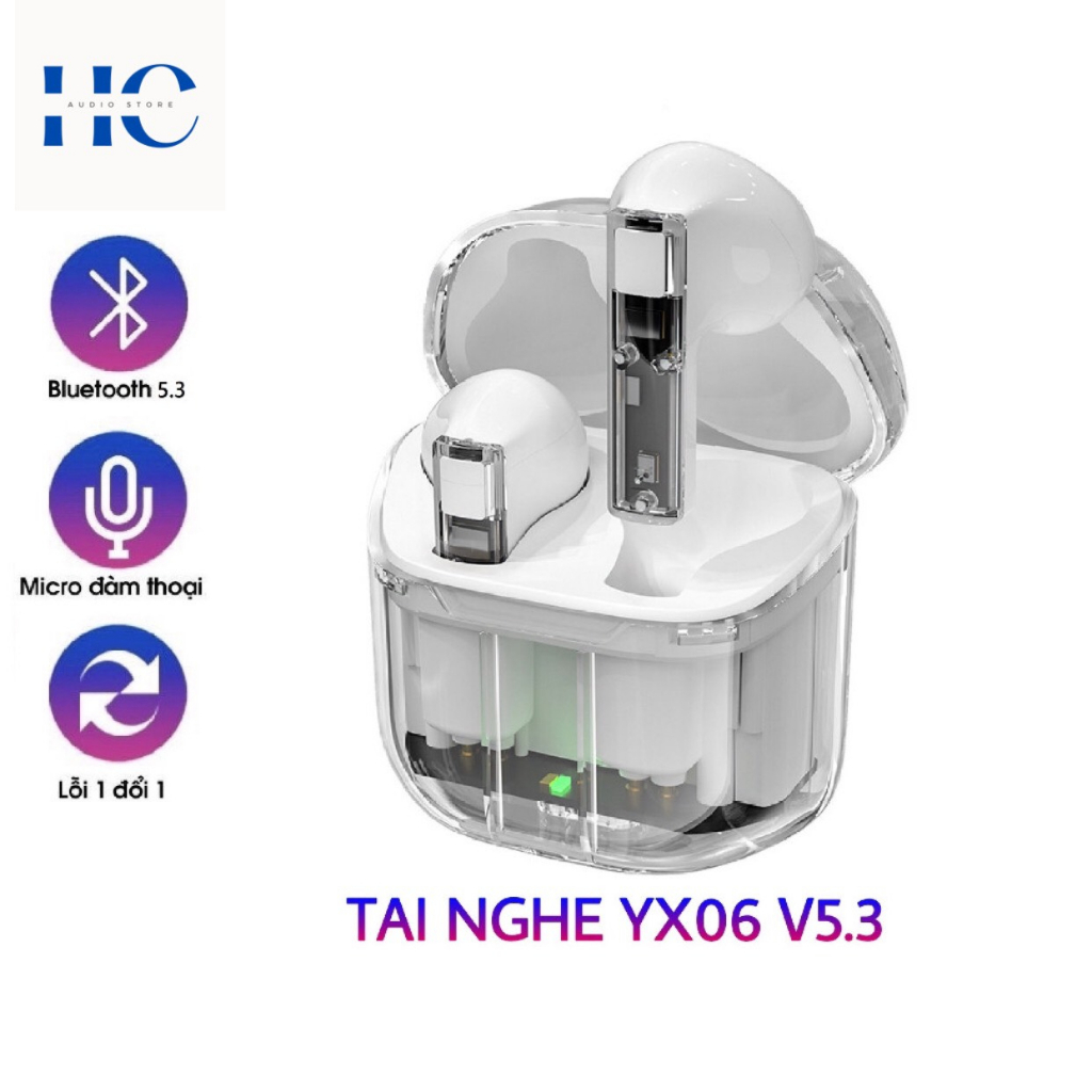 Tai nghe bluetooth không dây Yx06 tws v5.3 vỏ trong suốt nút cảm ứng âm thanh HIFI có mic đàm ...