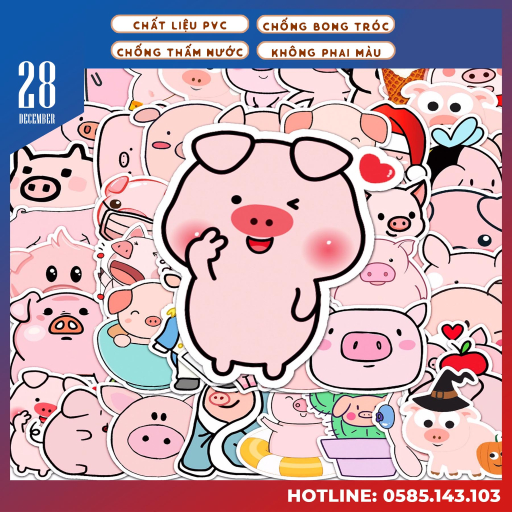 Bộ 50 Sticker khác nhau HEO HỒNG Dán Laptop, Điện Thoại, Skateboard ...