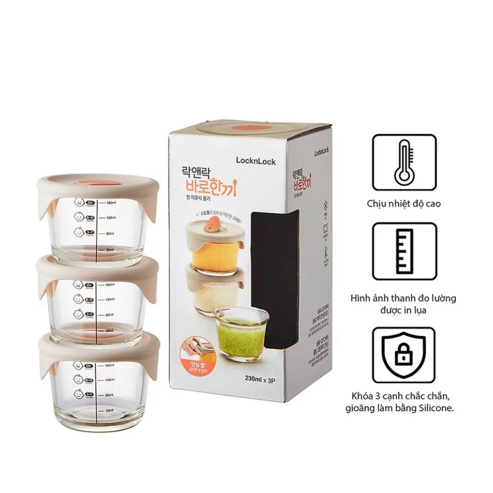 Bộ 3 hộp thủy tinh đựng thức ăn dặm cho bé Lock&Lock LLG542S3IVY - Hàng chính hãng chịu nhiệt ...