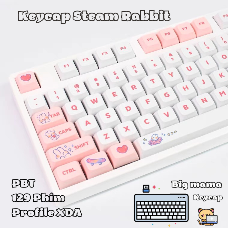 Keycap Steam Rabbit nhựa PBT cao cấp, keycap hoạt hình 129 nút hồng ...